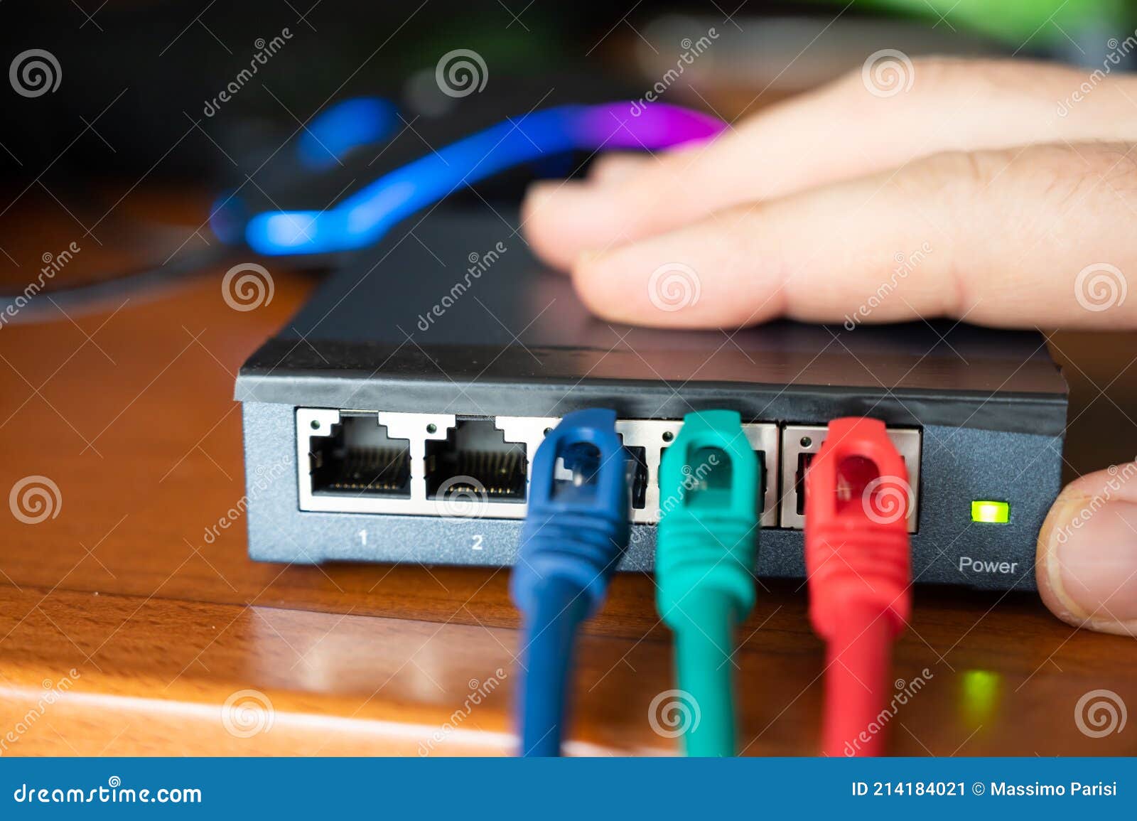 Close-up Image of a Router: the Connections of the Three Red, Green and ...