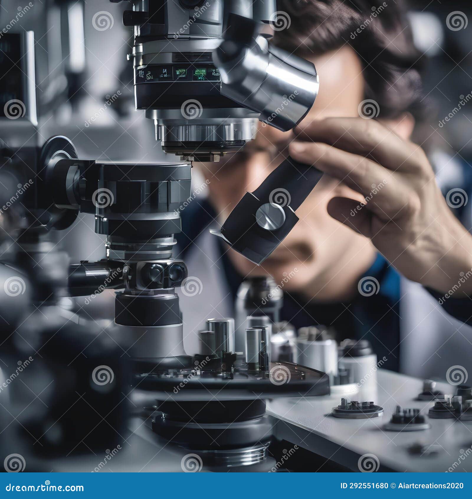 A Close-up Image of a Scientist Adjusting the Focus on a Powerful ...