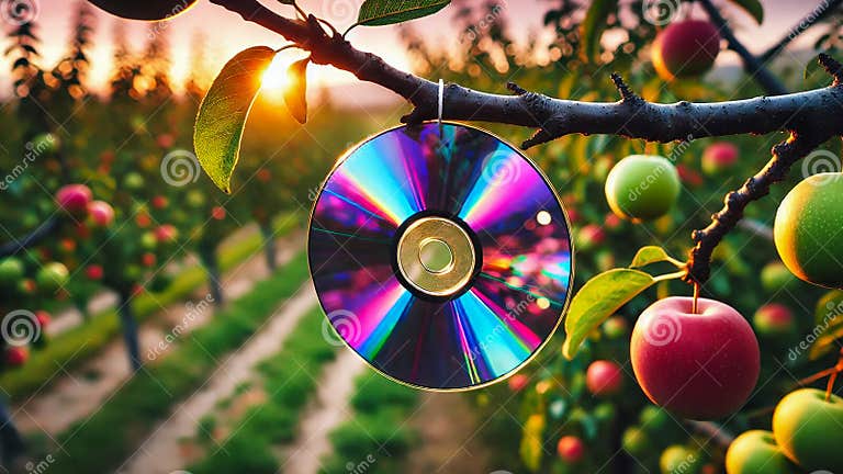 A Close-up Image of a Shiny CD Hanging from a Tree Branch Stock Illustration - Illustration of ...