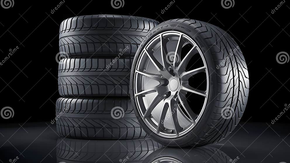Stack of New Performance Tires with Alloy Wheel on Black Background ...