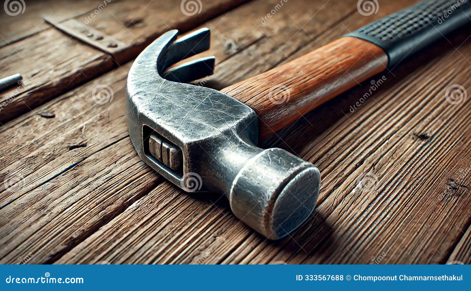 A Close-up Image of a Well-used Hammer Resting on a Wooden Workbench ...