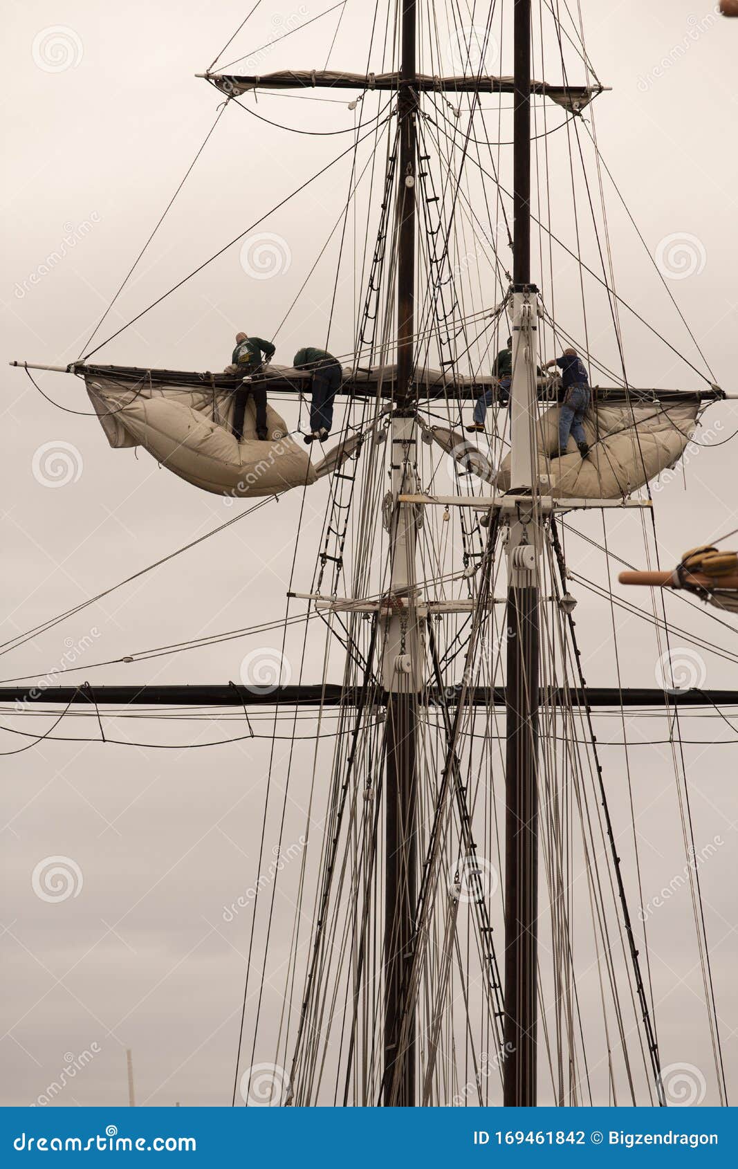 Ship Masts with Rigging and Sailors Working on Yard Stock Photo - Image ...