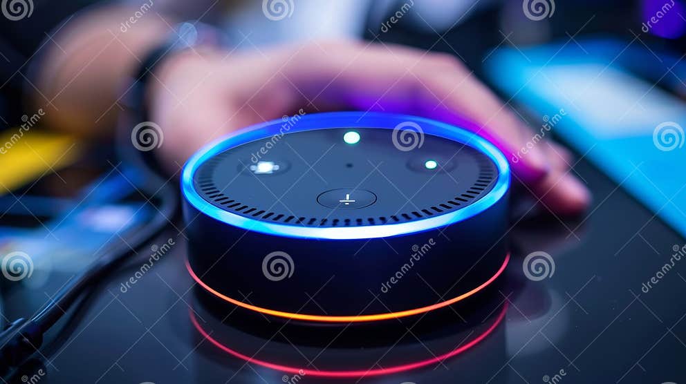Close Up of Individual Using Voice Assistant on Smart Speaker for ...