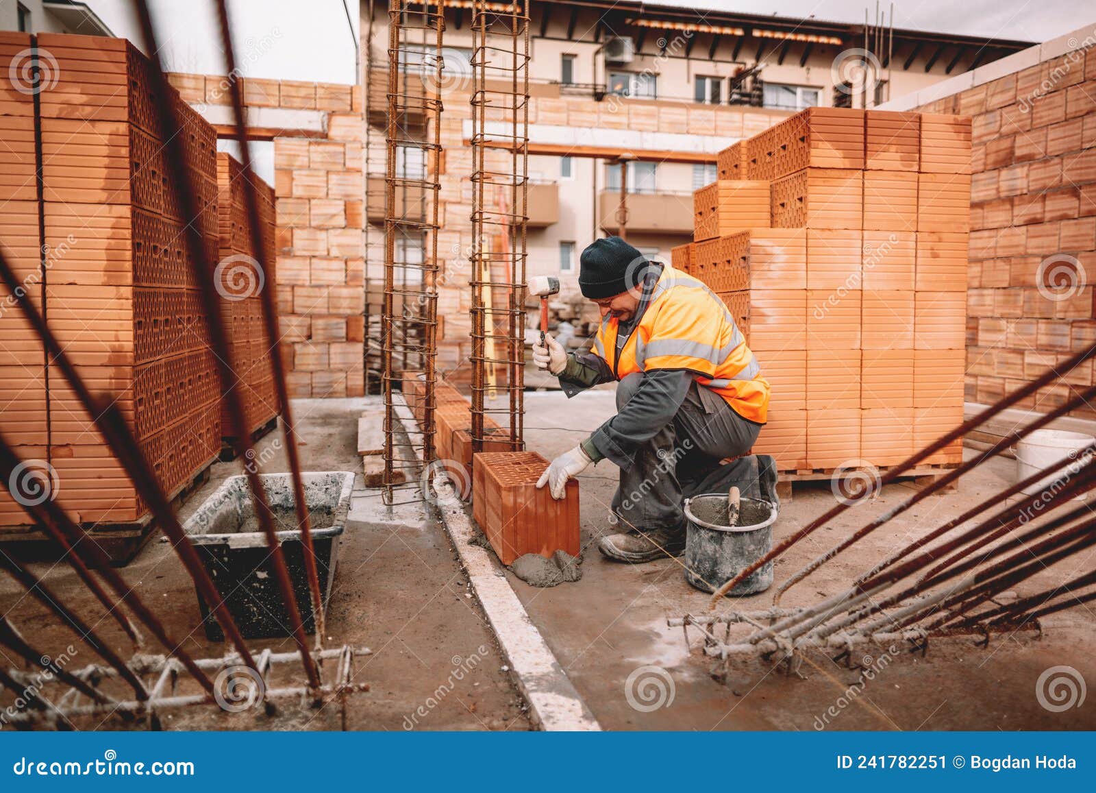 Close Up of Industrial Bricklayer Installing Bricks Stock Image - Image ...
