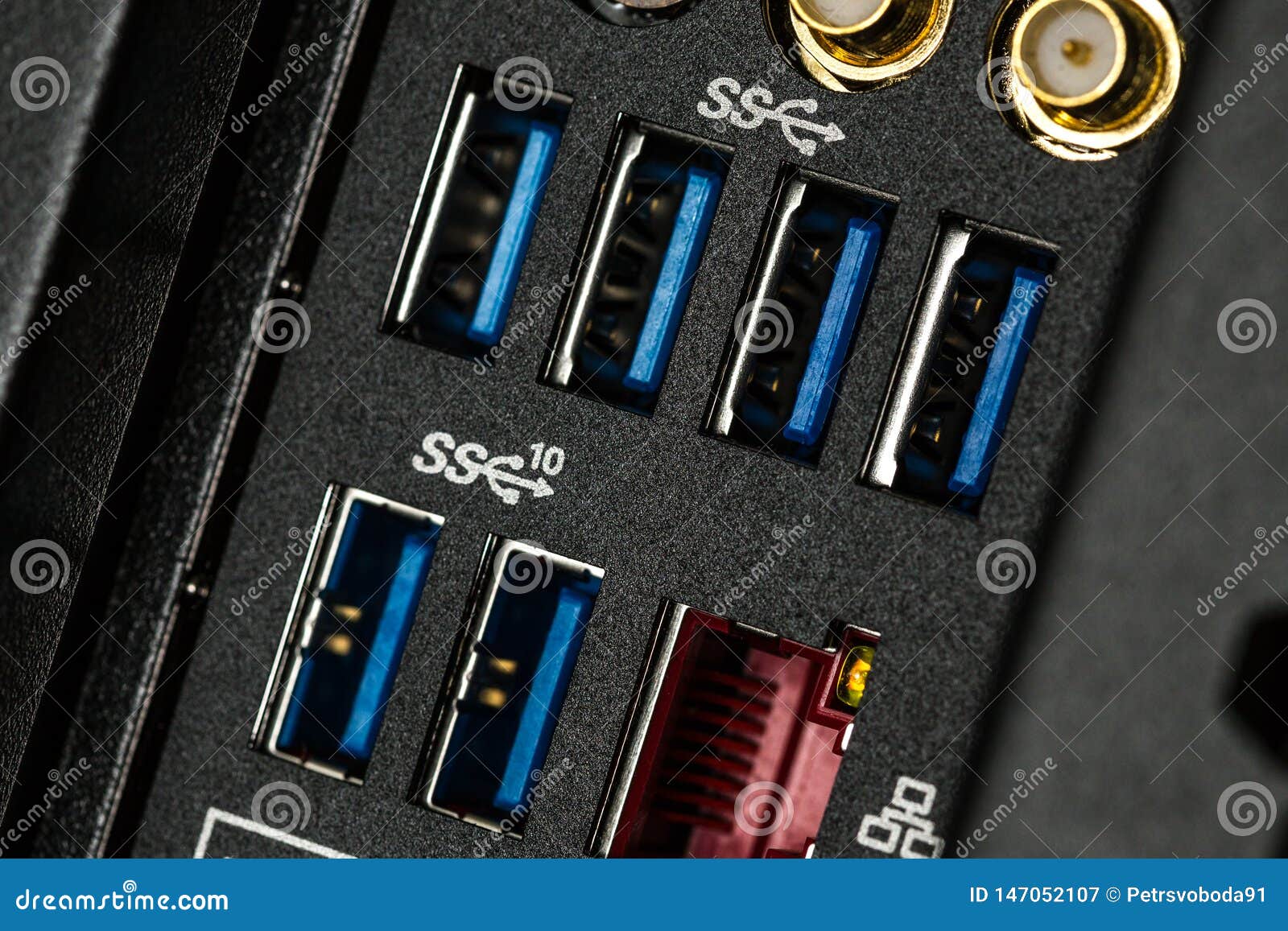 Close Up of Input Output Panel in the Back of a Computer with USB 3.0 ...