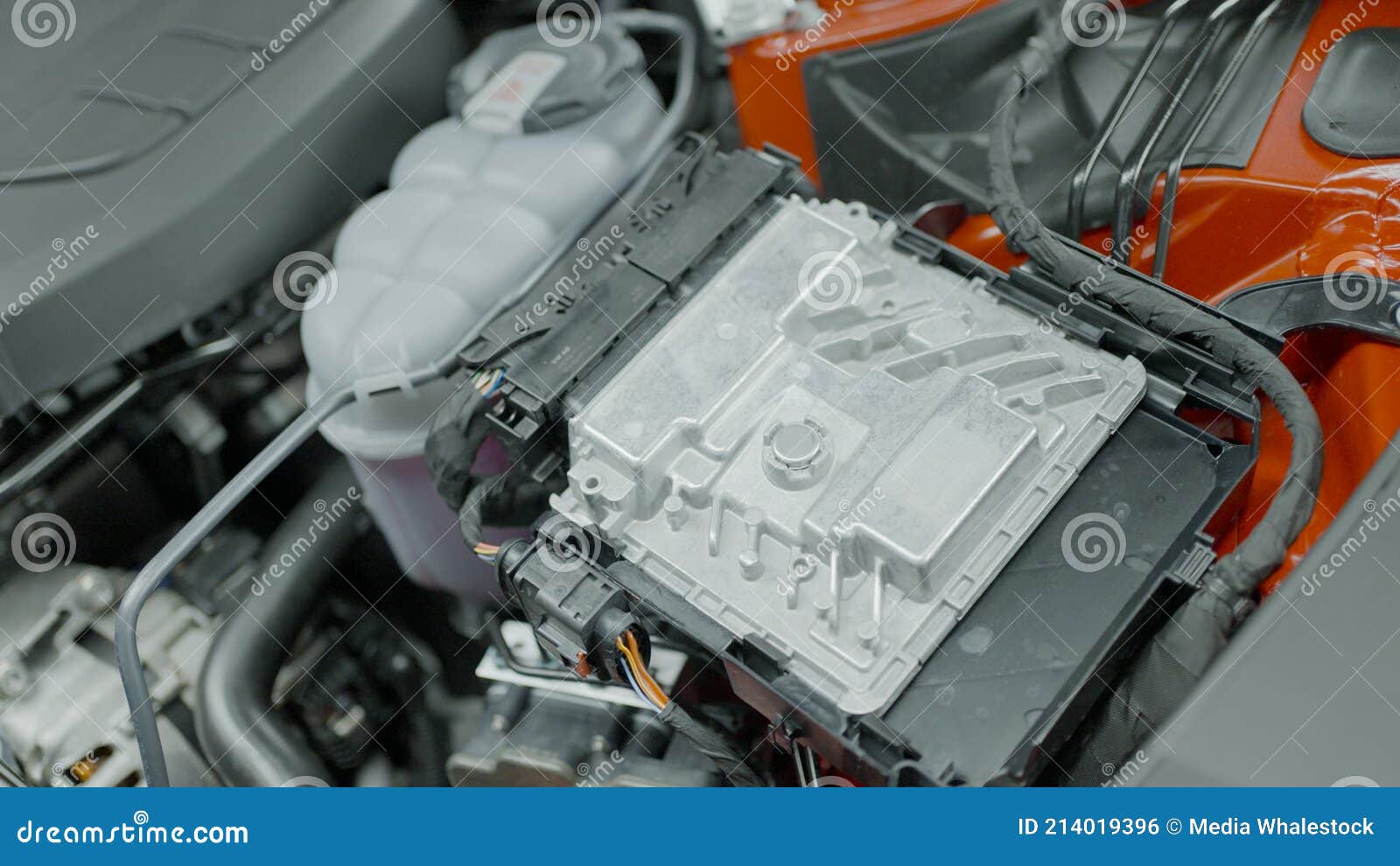 Close-up of Inside of Car Under Hood. Action. Powerful Engine Under ...