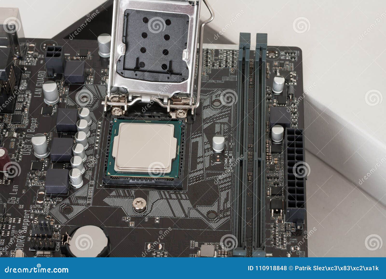 Close Up of Installed CPU Processor on Modern, New, Motherboard Stock ...