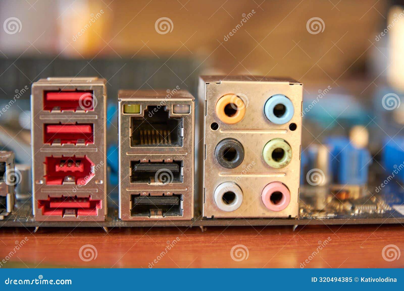 Close-up Interface Panel, 6 8-channel Audio Connectors, USB Ports, LAN ...