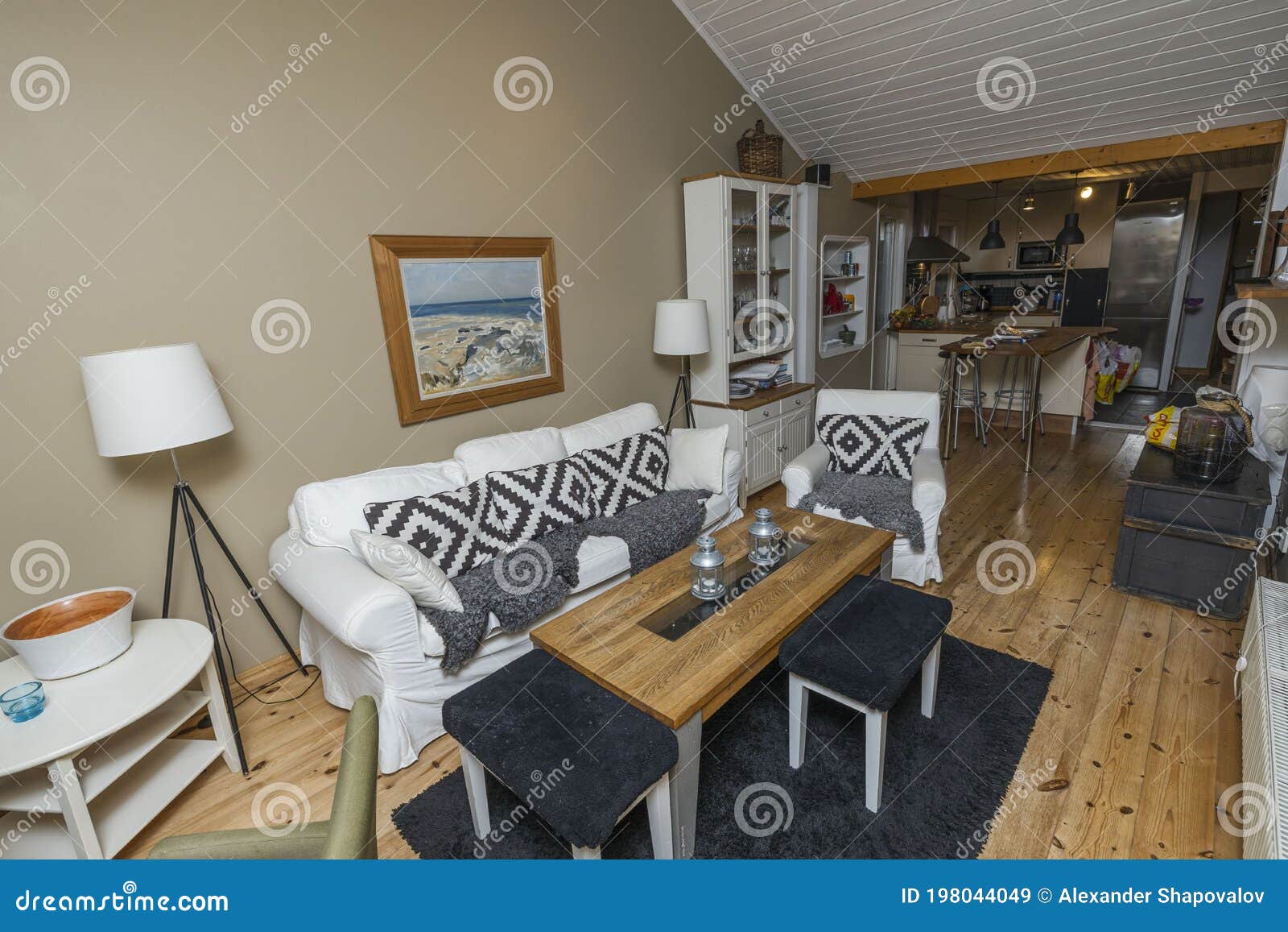 Close Up Interior View of Room and Kitchen of a Private House Stock ...