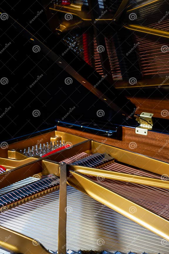 A Close-up of the Internal String Structure of a Top Grand Piano Stock ...