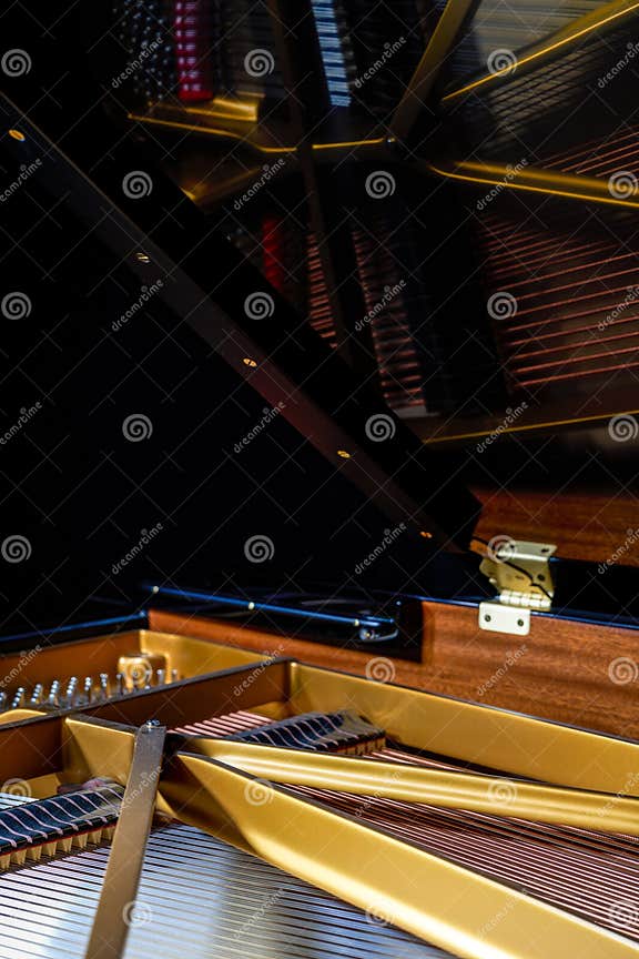 A Close-up of the Internal String Structure of a Top Grand Piano Stock ...