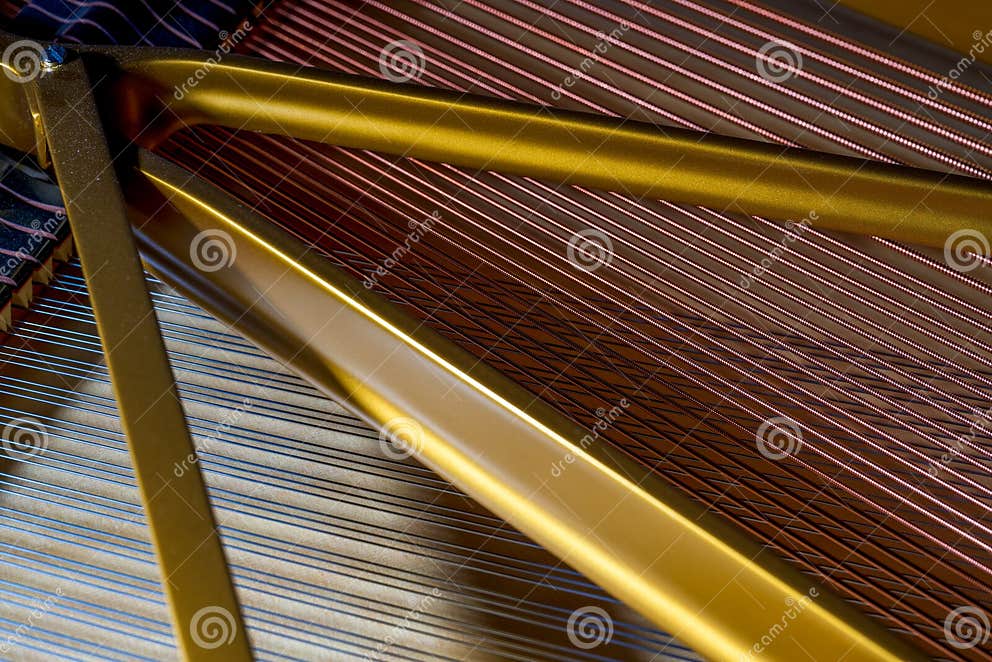 A Close-up of the Internal String Structure of a Top Grand Piano Stock ...