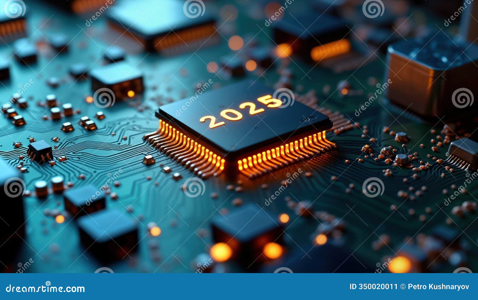 Close-up Intricate Circuit Board Glowing with Orange Light. Chipset ...