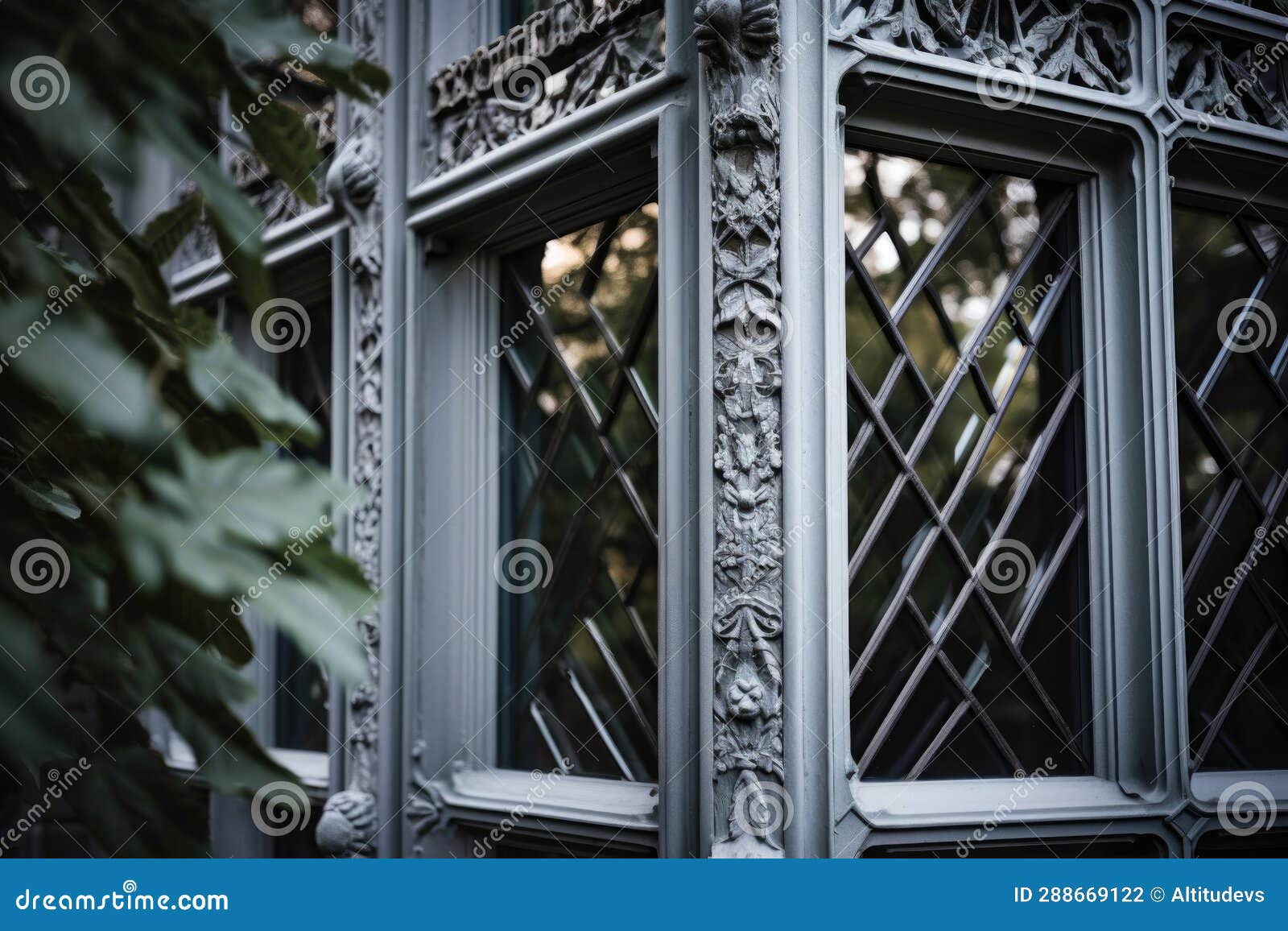 Close-up of Intricate Window Frame Design with Glass Panes Stock Photo ...