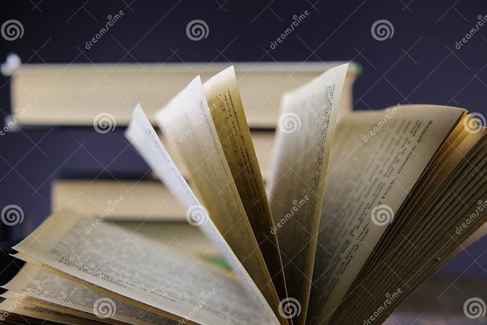 Close Up of Isolated Open Book Hinge with Flying Pages, Stack of ...