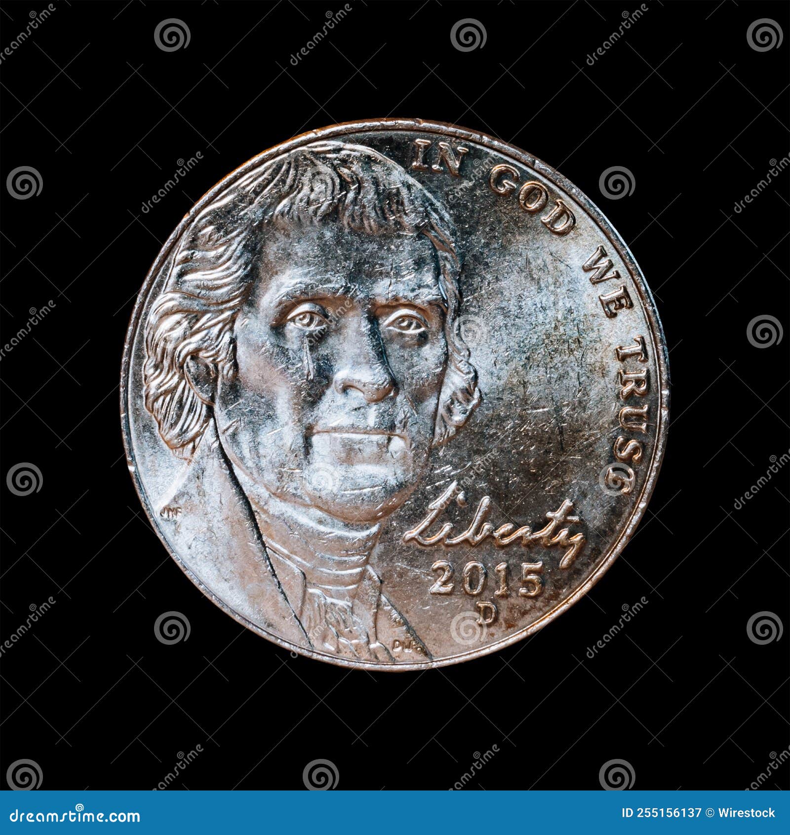 Close Up of a Jefferson Nickel Isolated on Black Background. Stock ...