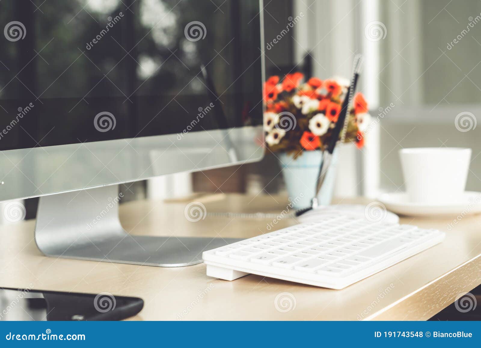 Close Up Keyboard Desktop PC Computer on Table in Small Modern Office ...