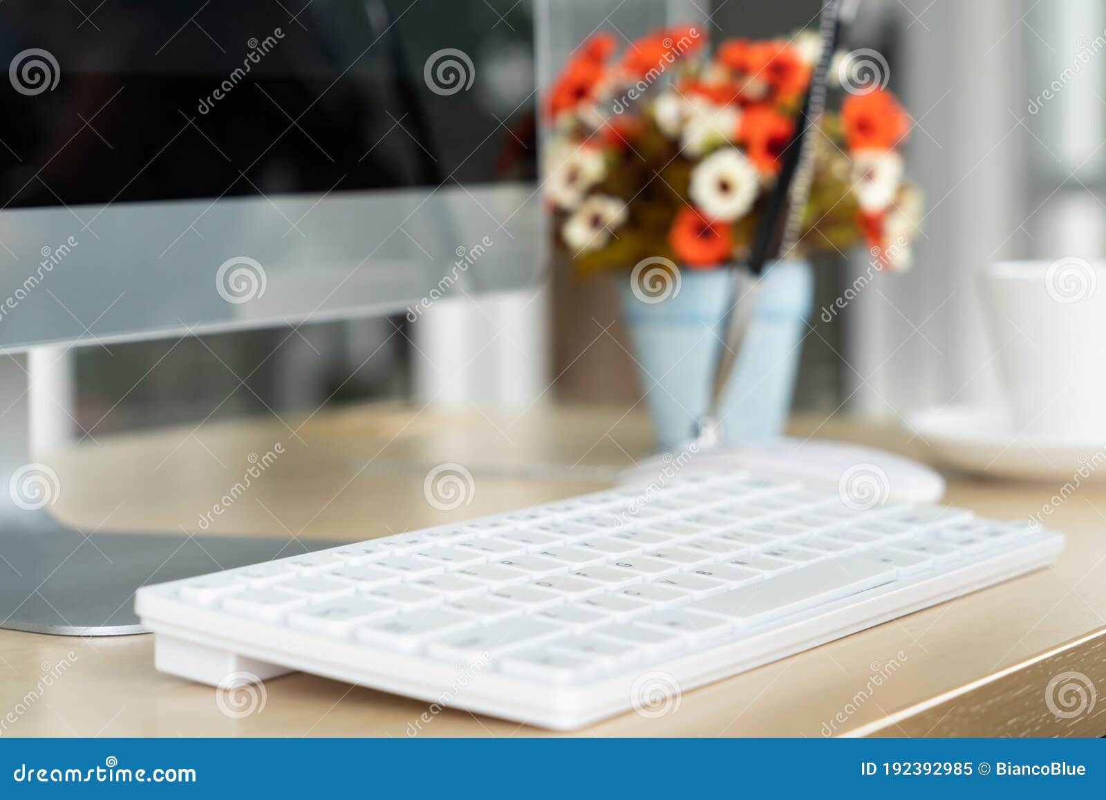 Close Up Keyboard Desktop PC Computer on Table in Small Modern Office ...