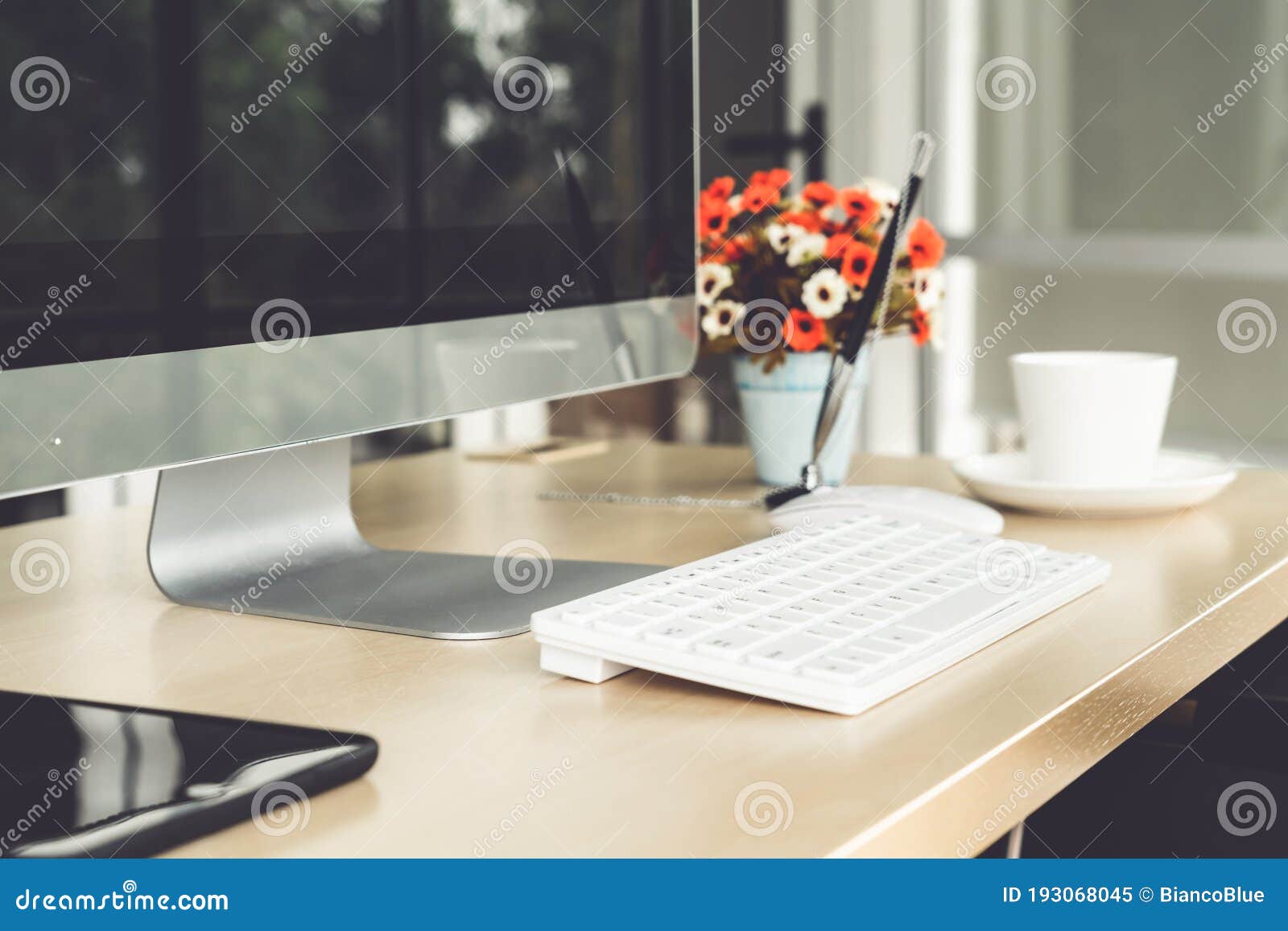 Close Up Keyboard Desktop PC Computer on Table in Small Modern Office ...