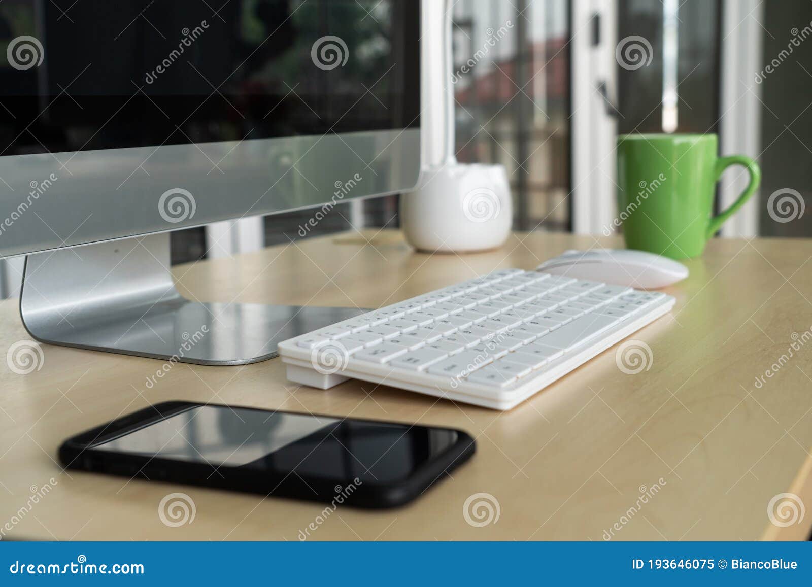 Close Up Keyboard Desktop PC Computer on Table in Small Modern Office ...