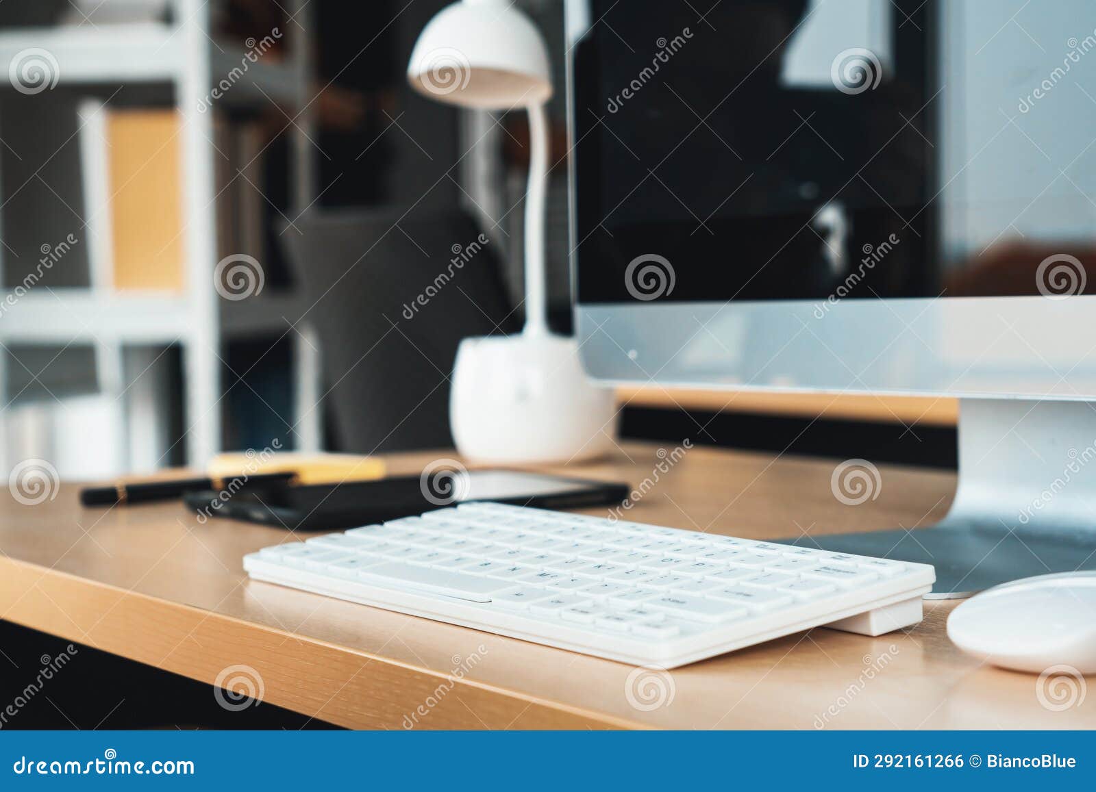 Close Up Keyboard Desktop PC Computer on Table in Small Modern Office ...