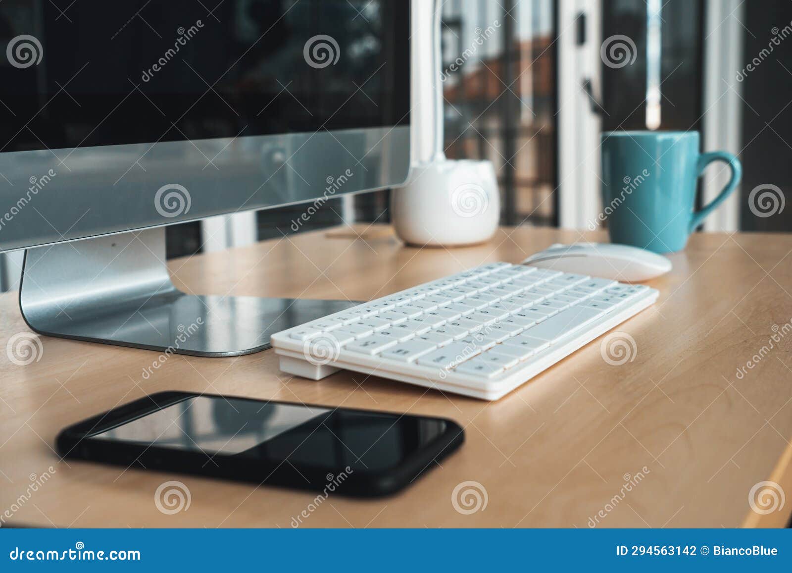 Close Up Keyboard Desktop PC Computer on Table in Small Modern Office ...