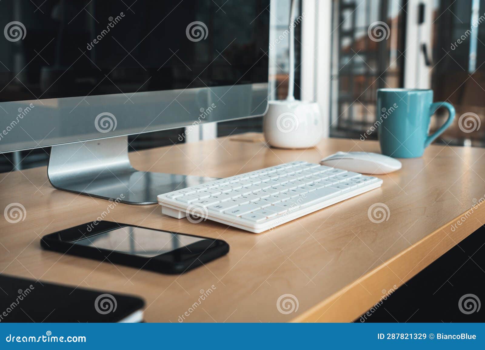Close Up Keyboard Desktop PC Computer on Table in Small Modern Office ...