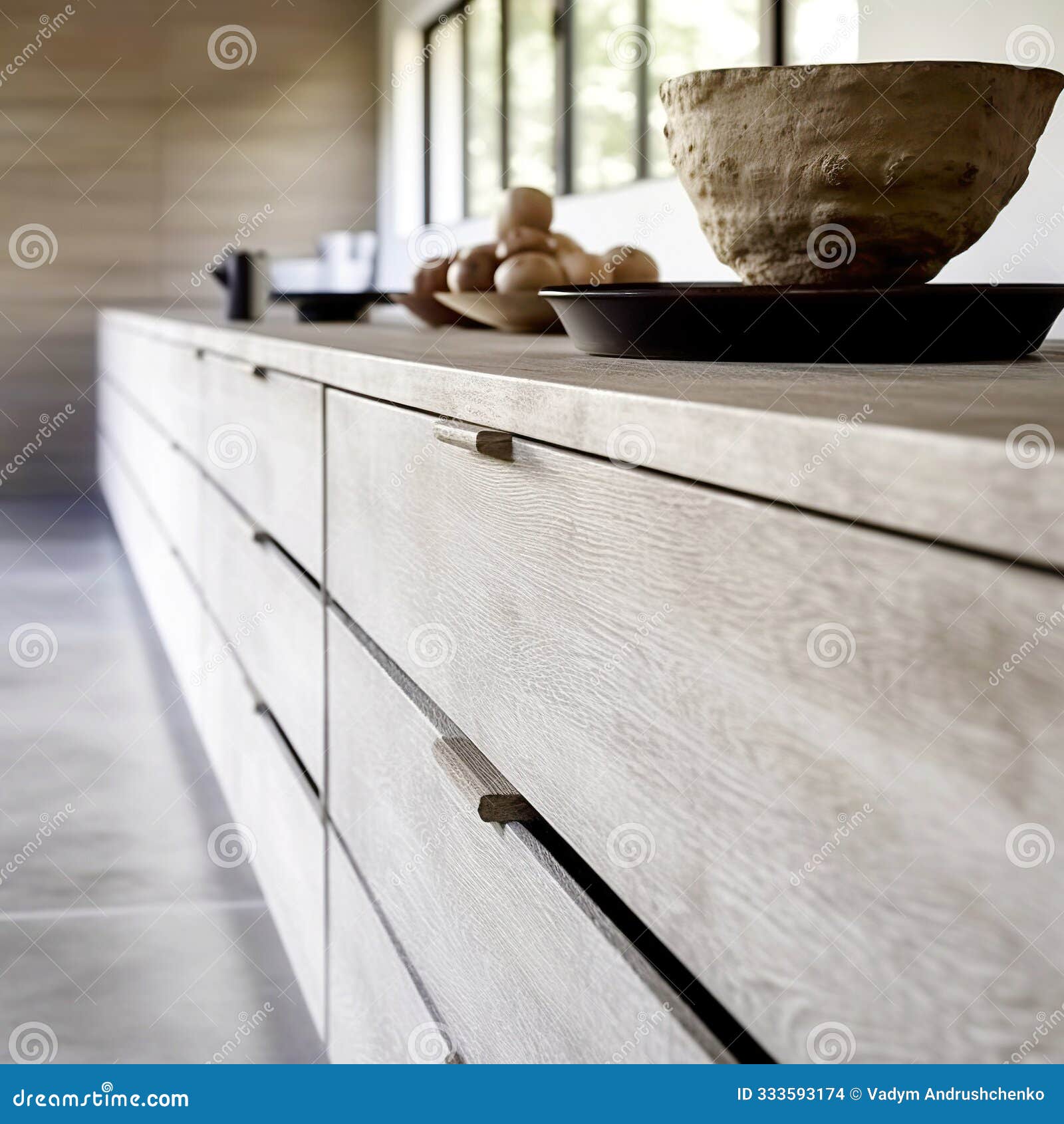 Close Up Of Kitchen Island With Wooden Drawers. Minimalist Modern ...
