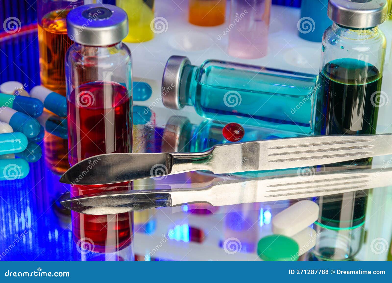 Close Up Lab Bottles with Colored Solution. Stock Photo - Image of ...