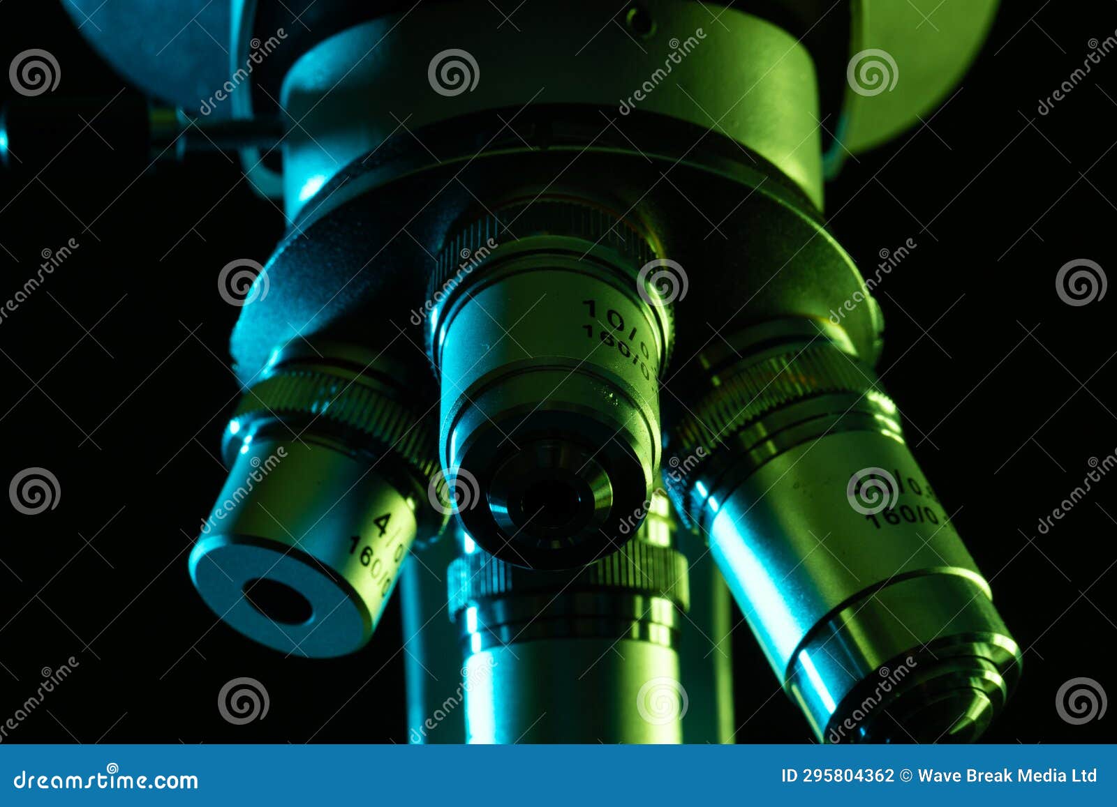 Close Up of Laboratory Microscope and Copy Space on Black Background ...