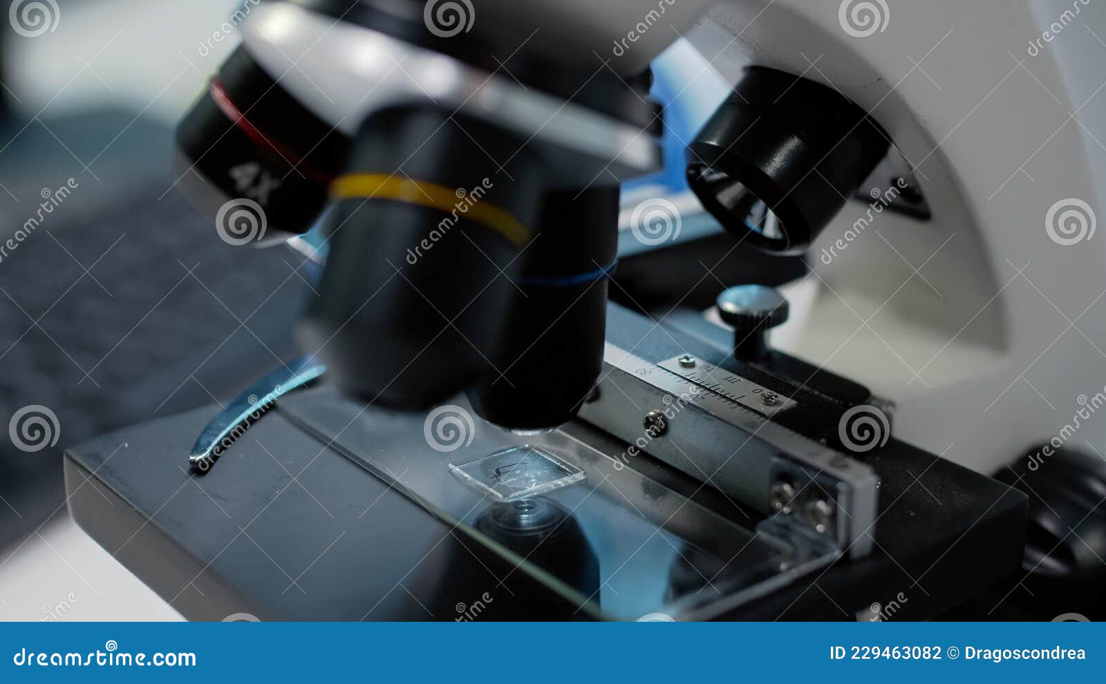 Close Up of Laboratory Microscope with Tray for Fluid Sample Research ...