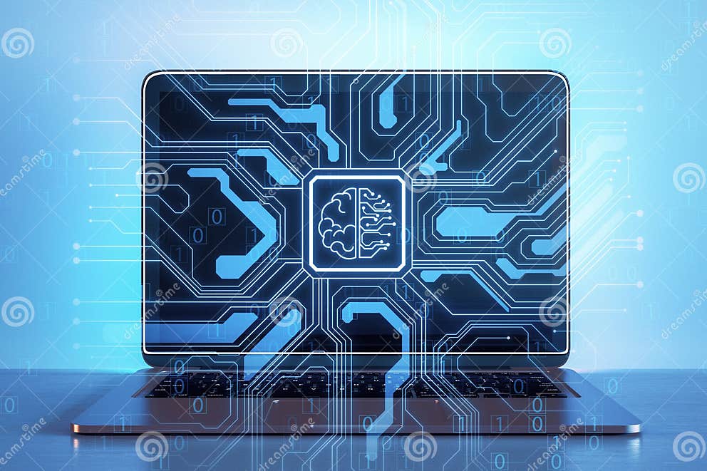 Close Up of Laptop with Abstract Brain and Binary Code Circuit on Blurry Background. Chip, Data ...