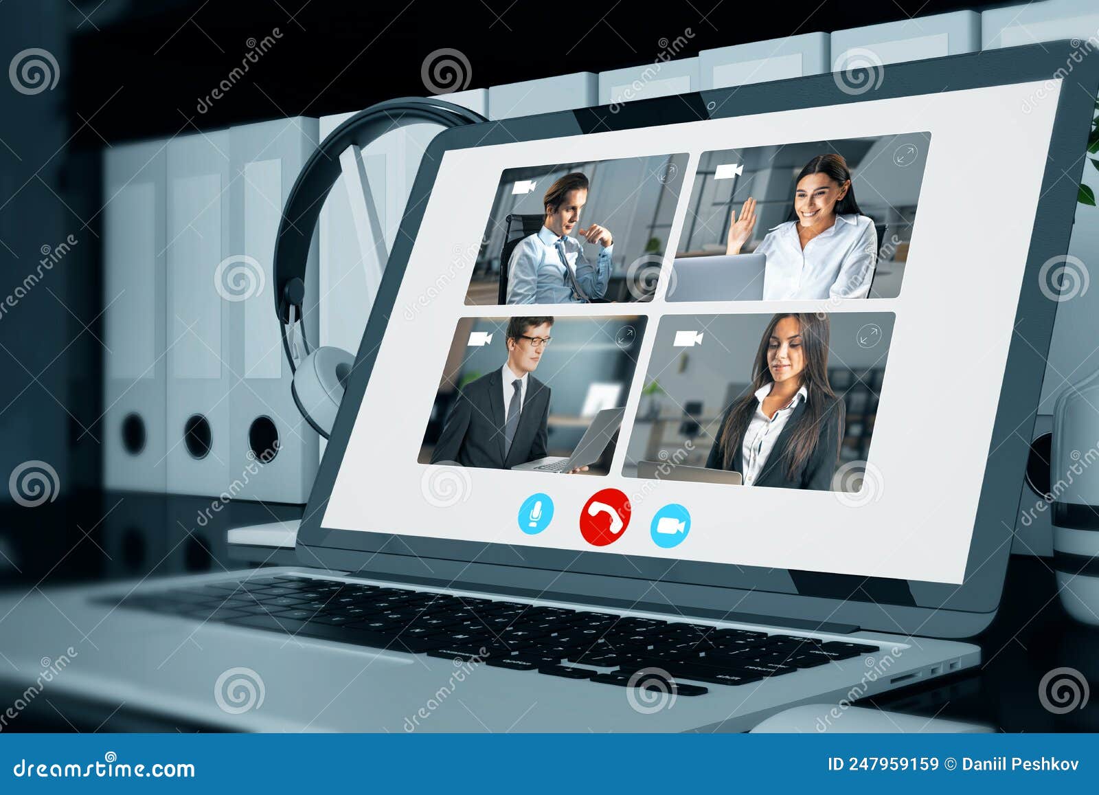 Close Up of Laptop Computer with Video Conference Call on Screen. Work ...