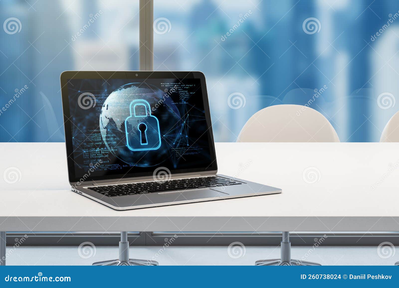 Close Up of Laptop Computer on Desktop with Abstract Safety Icon on ...