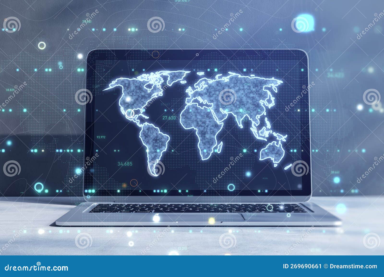 Close Up of Laptop Computer on Desktop with Glowing Map Hologram on ...