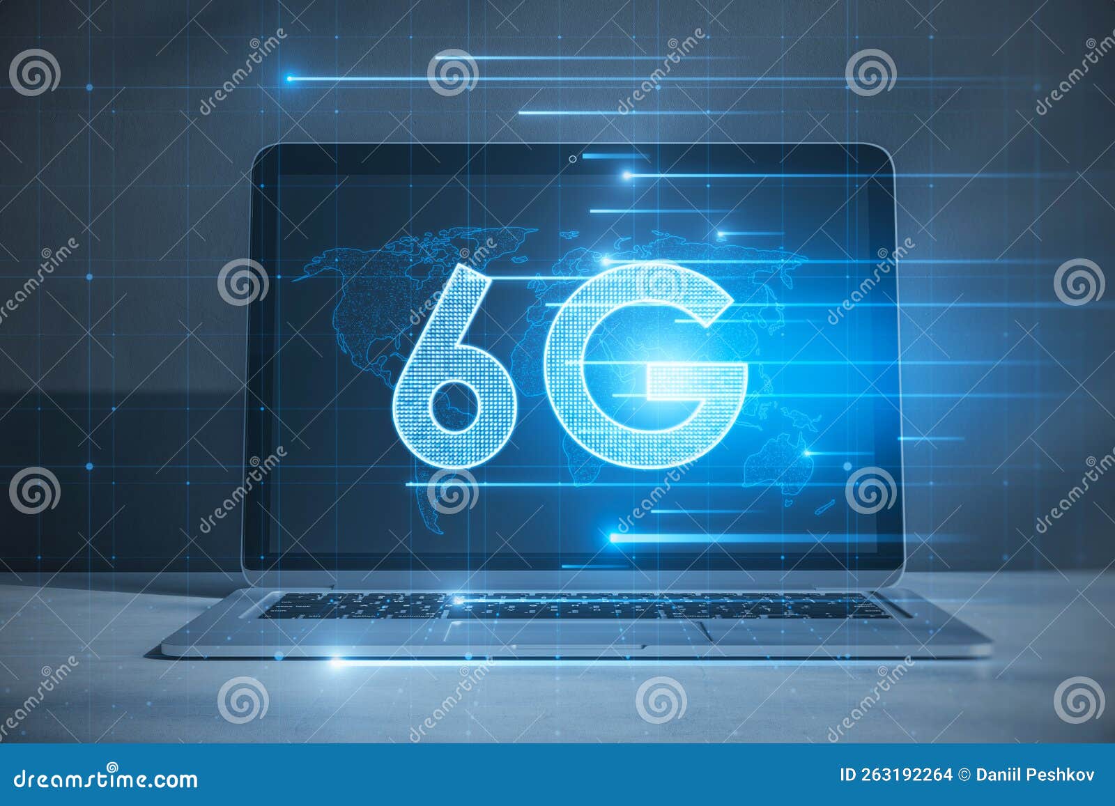 Close Up of Laptop Computer with Glowing 6G Hologram on Blurry ...