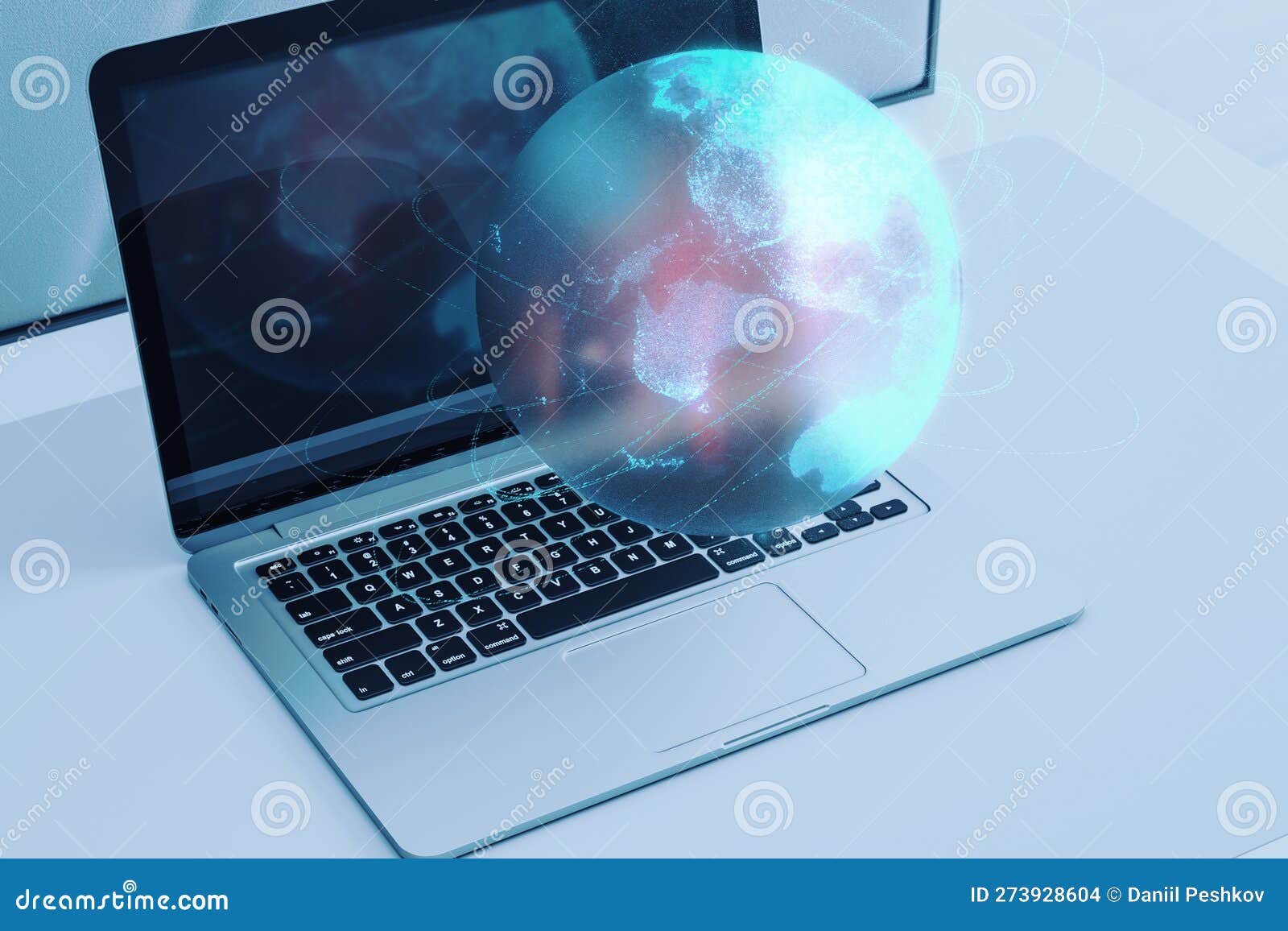 Close Up of Laptop Computer with Glowing Globe and Connection Lines on ...