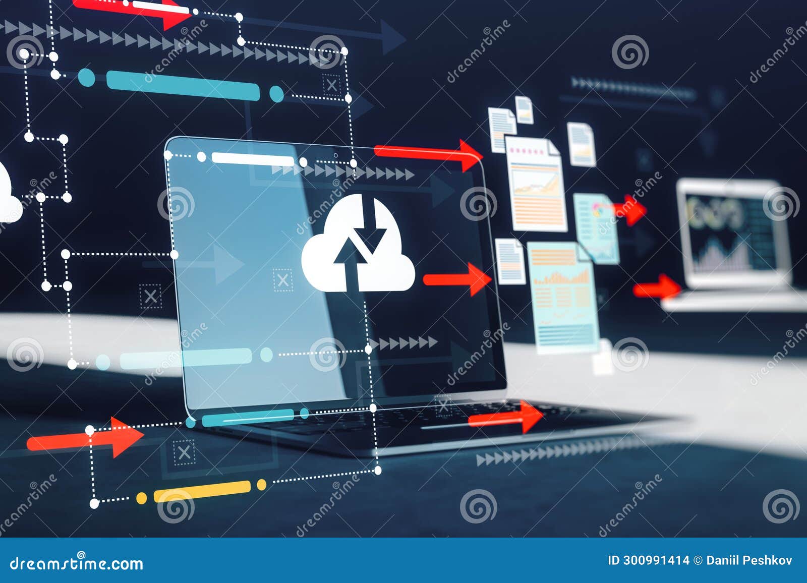 Close Up of Laptop with Creative Big Data Transfer and Digital ...