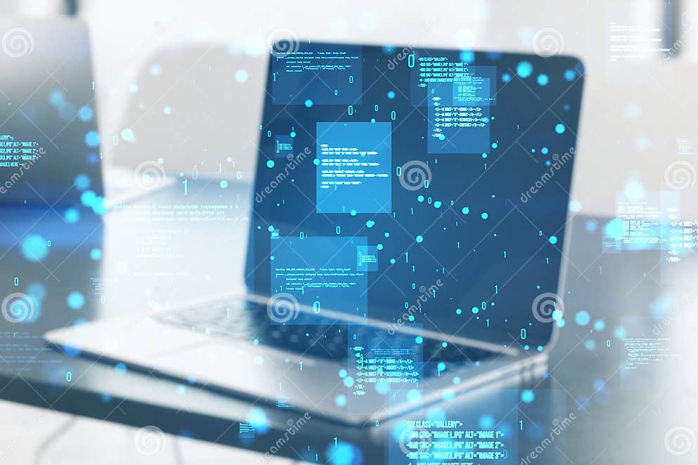 Close Up of Laptop with Creative Binary Coding Hologram on Blurry ...