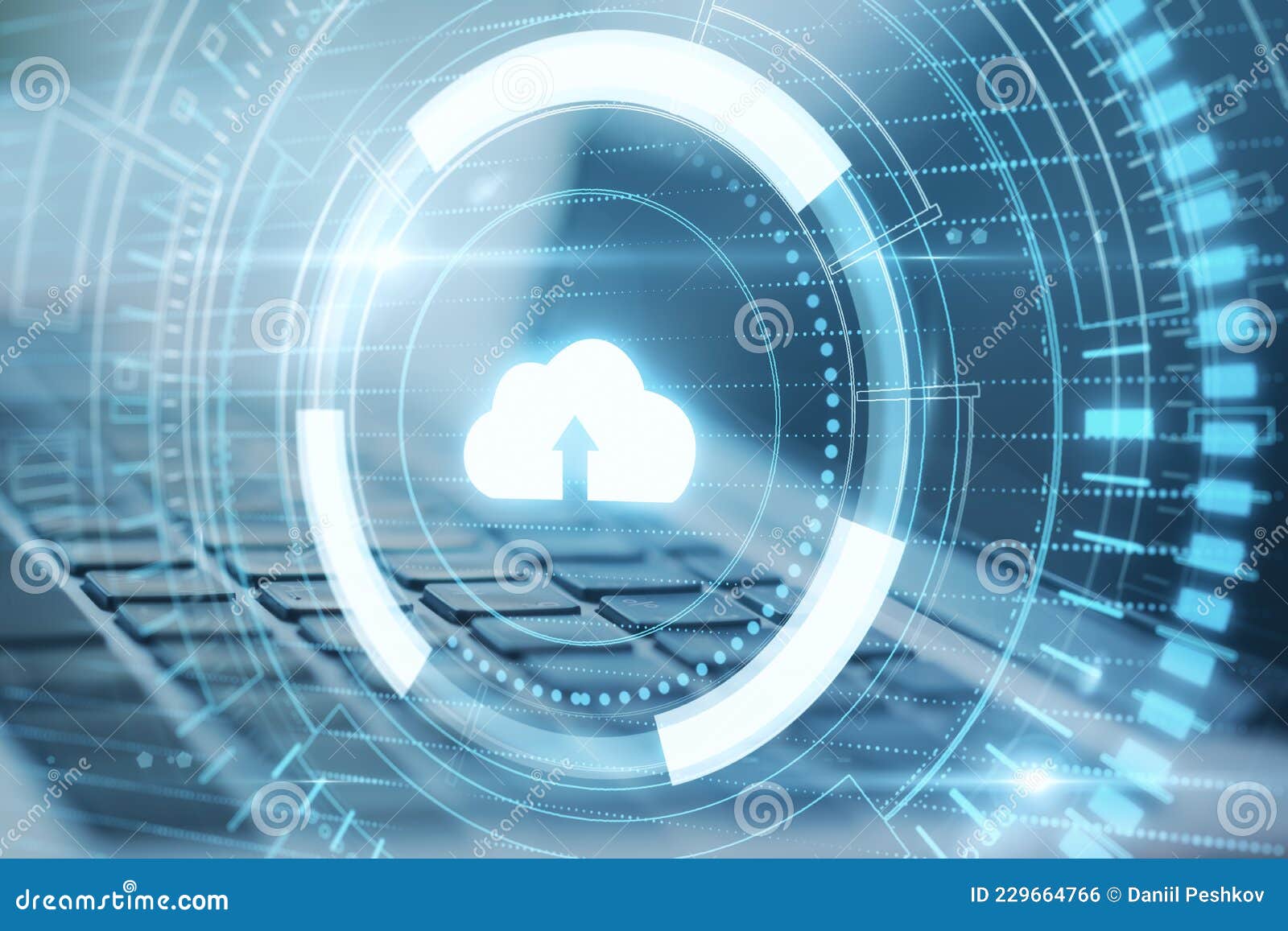 Close Up of Laptop with Creative Glowing Blue Clouds Hologram on Dark Background. Cloud ...