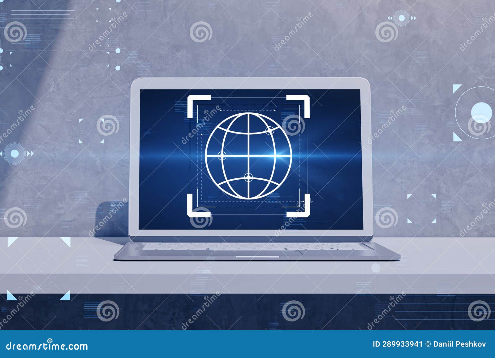 Close Up of Laptop with Creative Hacking Interface on Concrete Wall ...