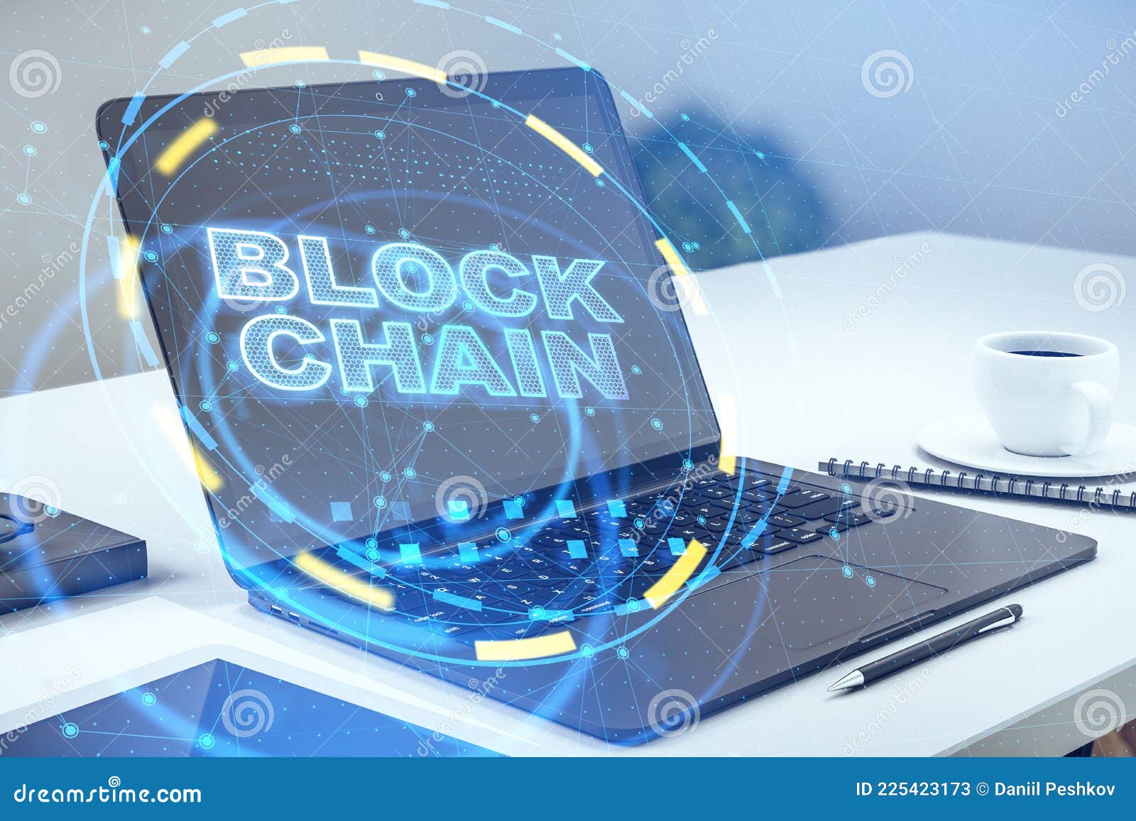 Close Up of Laptop on Desktop with Abstract Blockchain Interface ...