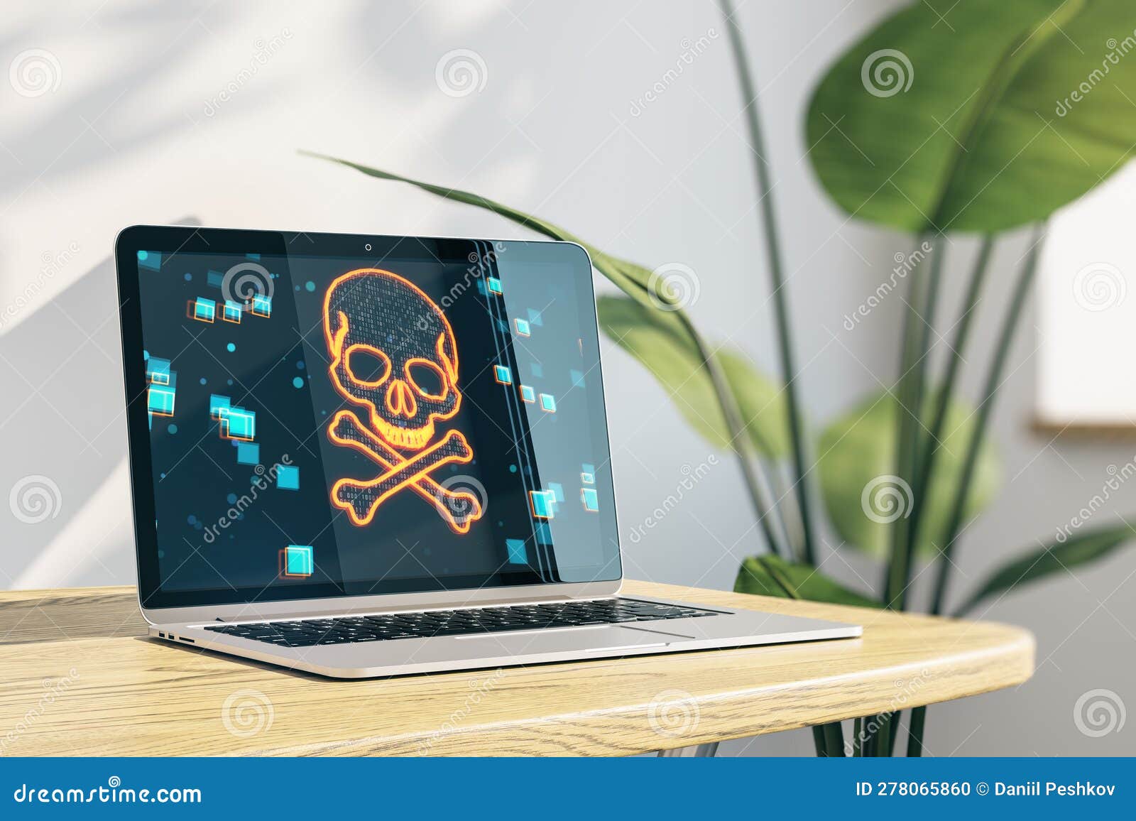 Close Up of Laptop with Digital Binary Code Skull on Screen. Concrete ...