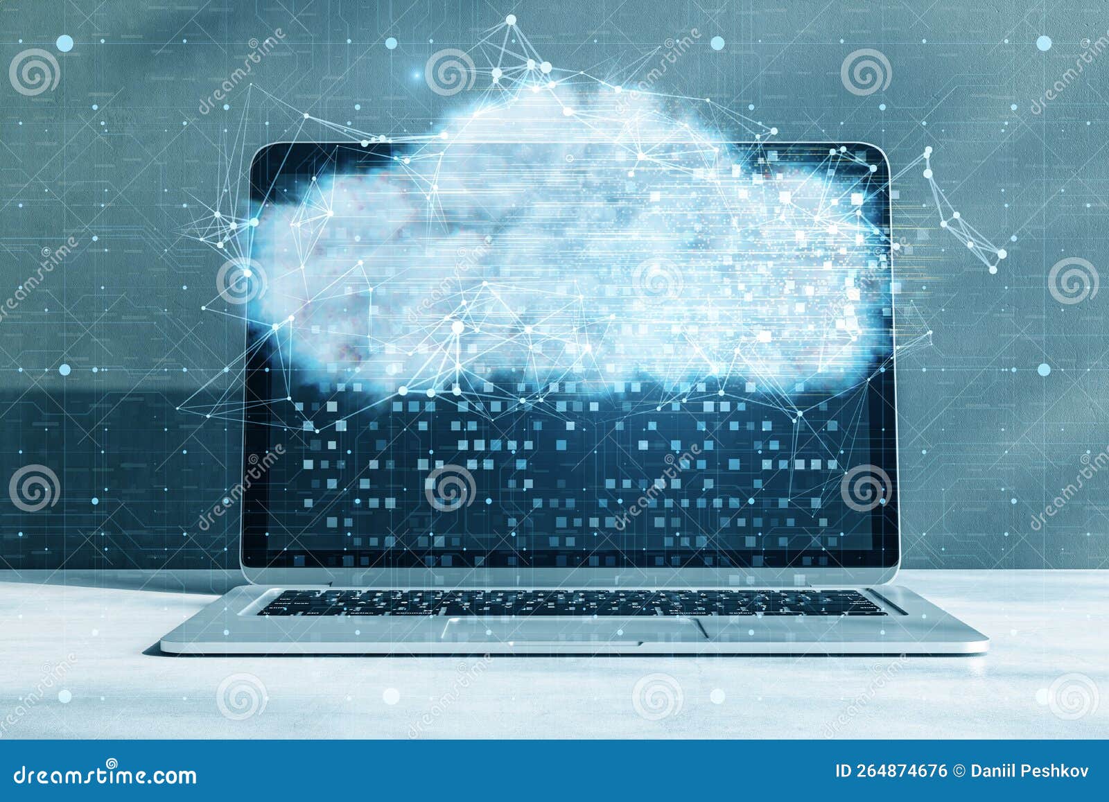 Close Up of Laptop with Digital Glowing Polygonal Cloud Mesh on Blurry ...