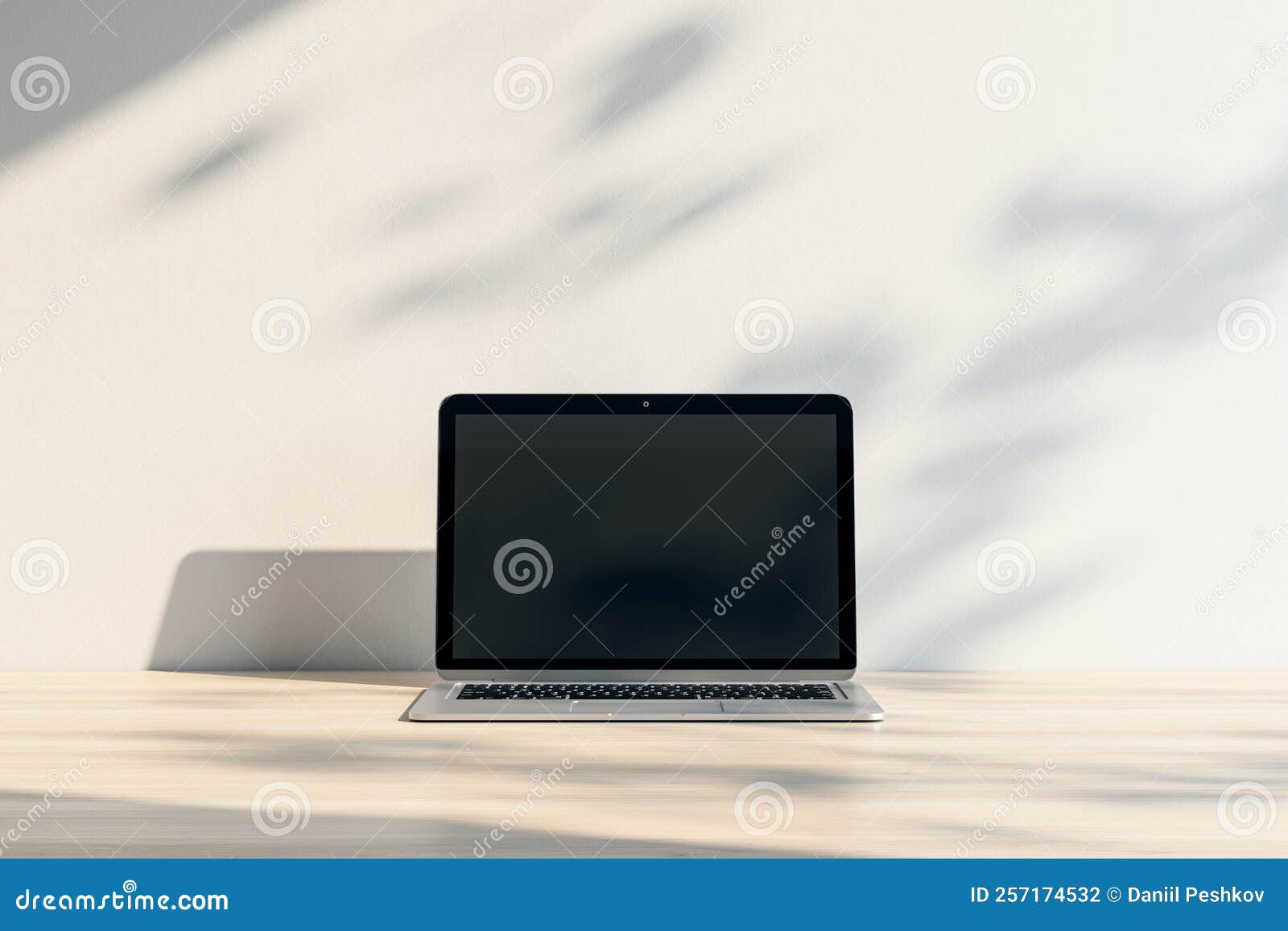 Close Up Of Empty Laptop On Wooden Desktop With Coffee Cup, Notepad ...