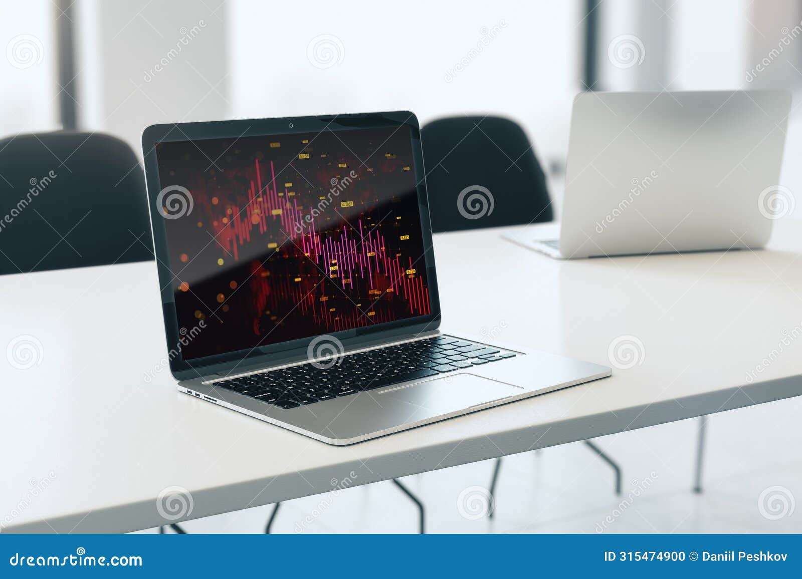 Close Up of Laptop with Falling Chart on Screen at Workplace. Recession ...