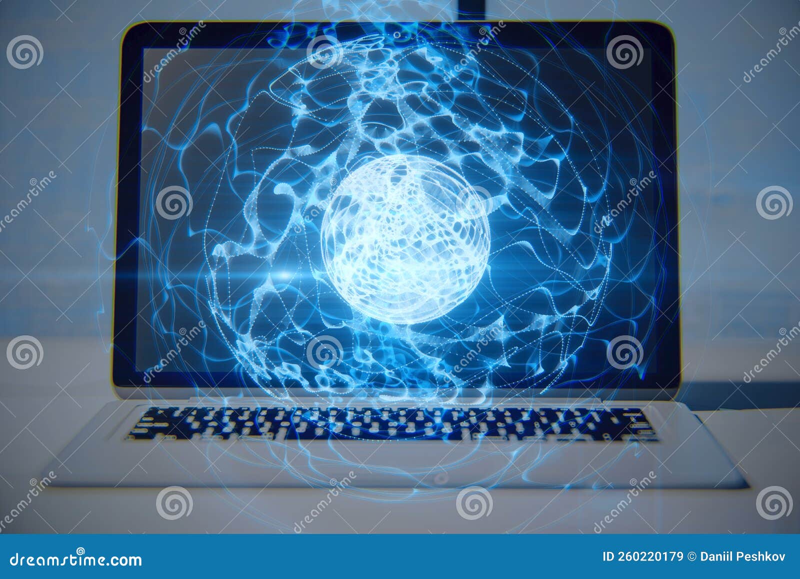 Close Up of Laptop with Glowing Linear Sphere on Blurry Background ...