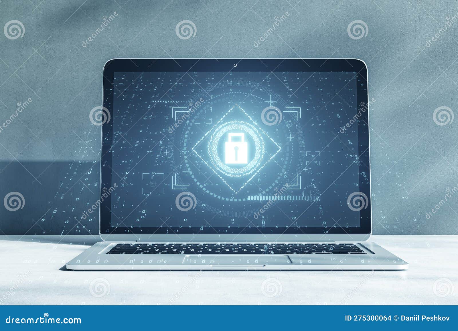 Close Up of Laptop with Glowing Padlock Interface on Concrete Wall ...