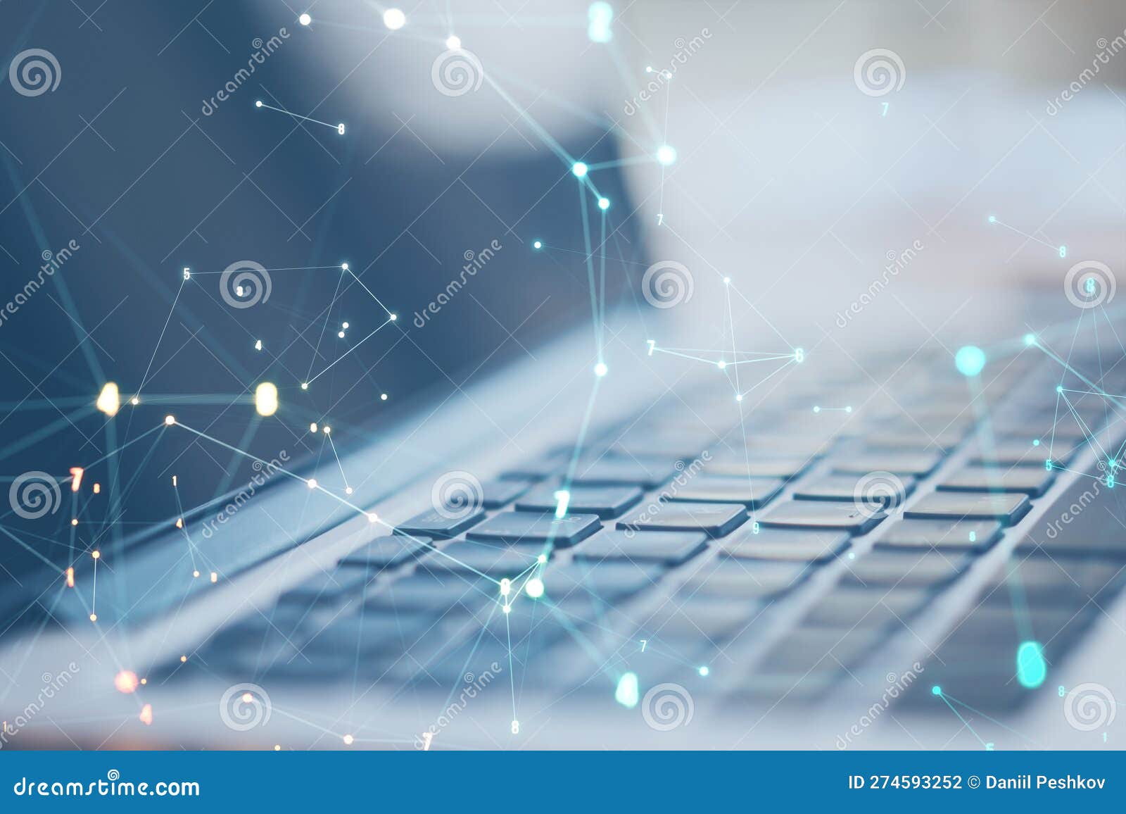 Close Up of Laptop with Glowing Polygonal Coding Mesh on Background ...