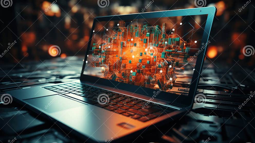 Close Up of Laptop with New Surface Cpu Processor Map on Screen. Stock ...